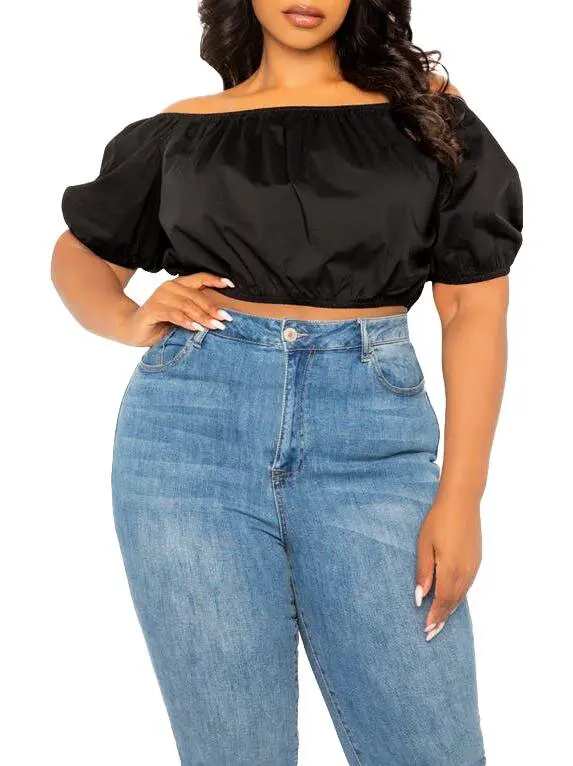 BUXOM COUTURE Off The Shoulder Crop Top With Bow Detail - Black