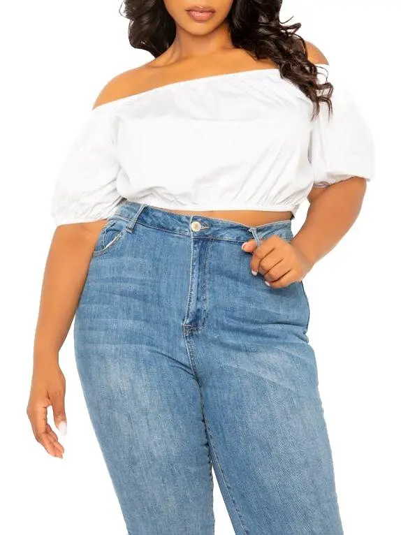 BUXOM COUTURE Off The Shoulder Crop Top With Bow Detail - White