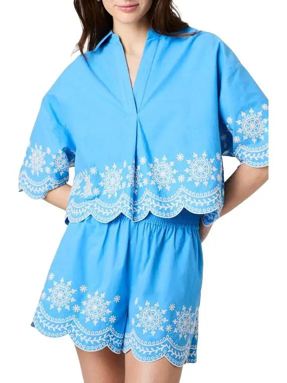 French Connection Alissa Embroidered Top - Poolside Blue-white
