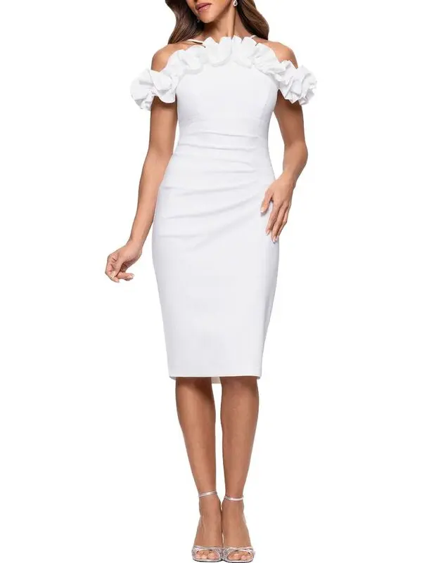 XSCAPE EVENINGS Ruffle Off-the-shoulder Sheath Dress - Ivory