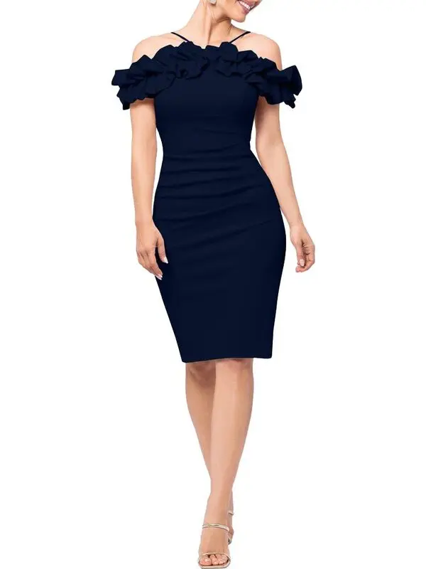 XSCAPE EVENINGS Ruffle Off-the-shoulder Sheath Dress - Navy