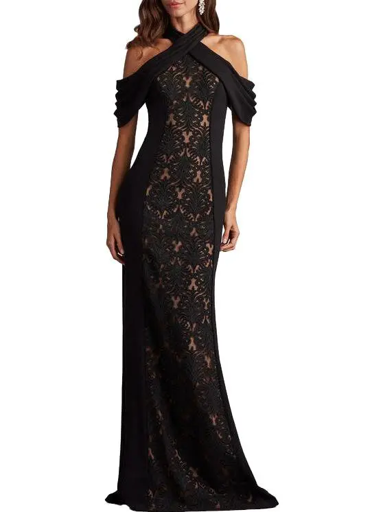 Tadashi Shoji Lace Inset Cold-shoulder Gown - Black/ Nude