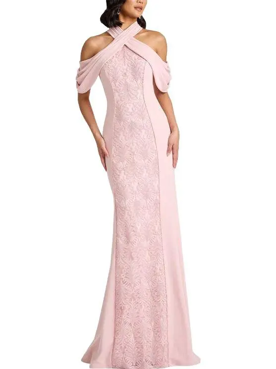 Tadashi Shoji Lace Inset Cold-shoulder Gown - Rose Quartz