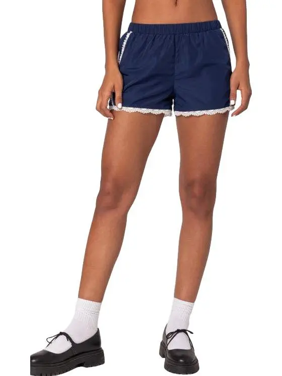 EDIKTED Kallie Lace Trim Track Shorts - Navy