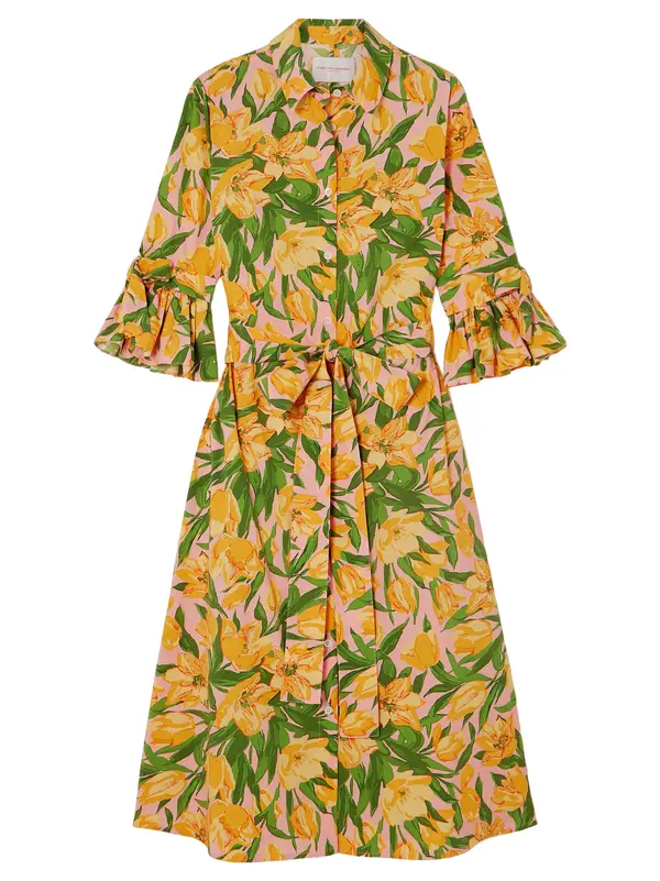 Carolina Herrera Belted Floral-print Cotton-poplin Midi Shirt Dress - Yellow