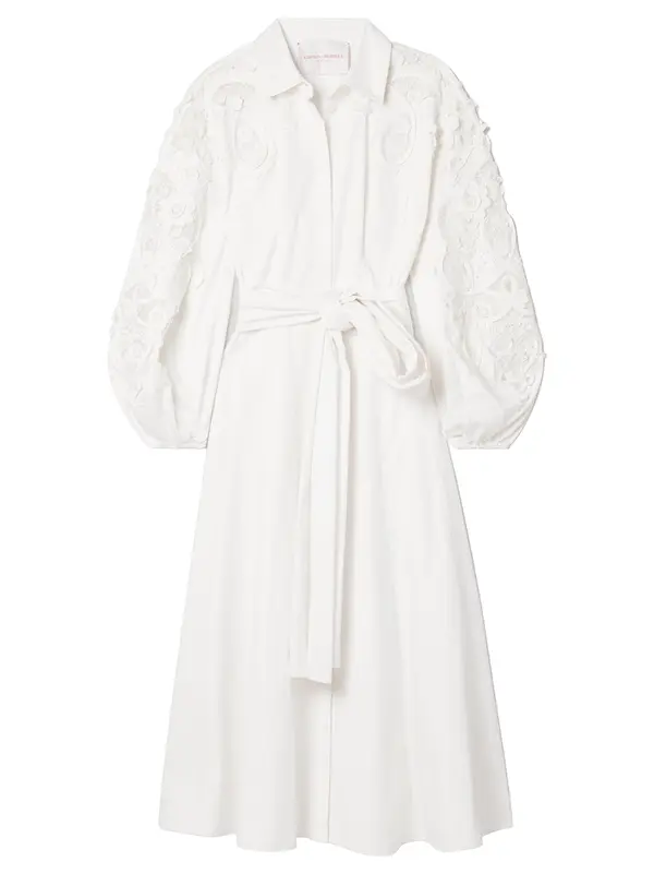 Carolina Herrera Belted Guipure Lace-trimmed Midi Dress - White