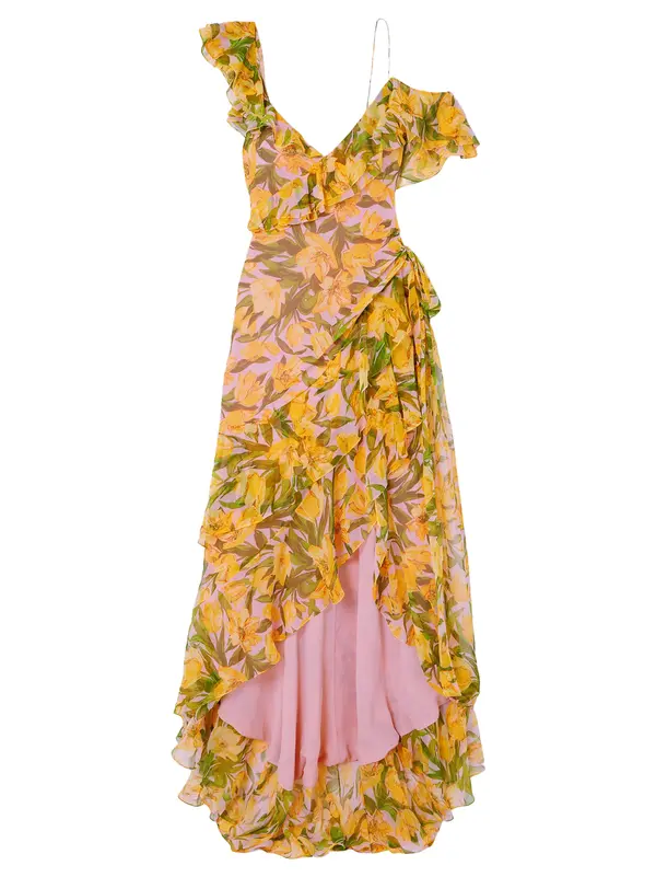 Carolina Herrera One-shoulder Ruffled Floral-print Silk-chiffon Gown - Yellow