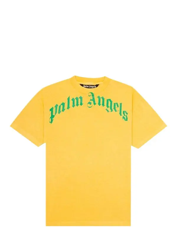 Palm Angels Vintage Wash Curved Logo Tee /green - Yellow