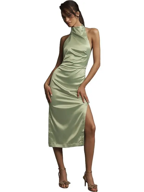 Bhldn Halter Stretch Satin Midi Dress - Moss