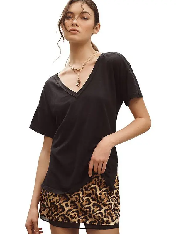 PILCRO Jordyn Cotton-slub V-neck Tee - Black Onyx