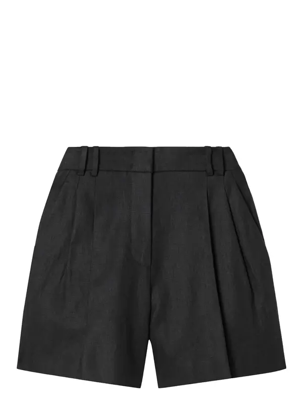 Another Tomorrow Pleated Linen Shorts - Black
