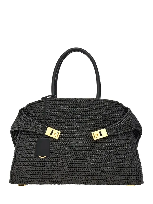 FERRAGAMO Medium The Hug Raffia Tote Bag - Black