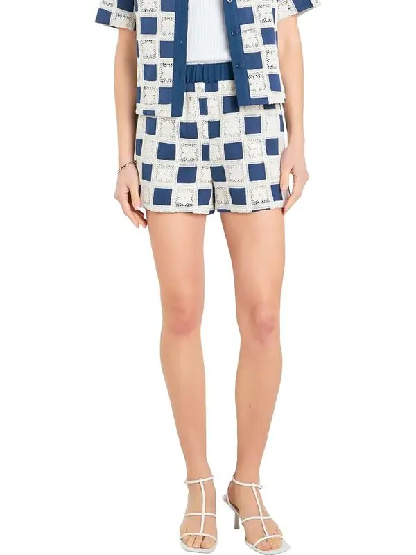 English Factory Crocket Crochet Patchwork Shorts - Navy Multi