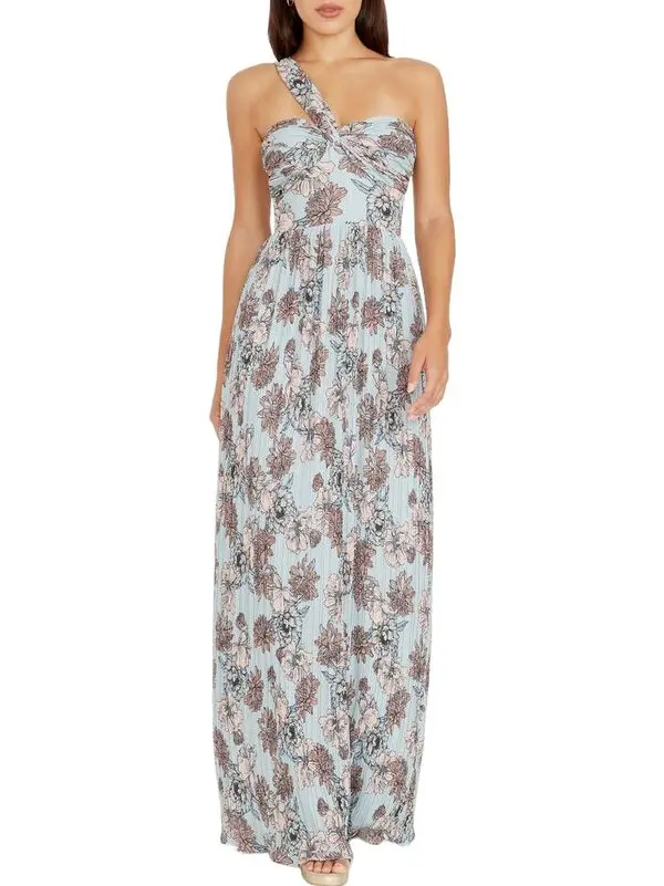 Dress The Population Idalia Floral One-shoulder Gown - Sage Multi