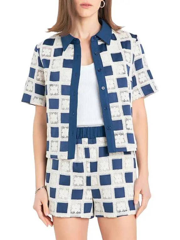 English Factory Crochet Lace Patchwork Button-up Shirt - Navy Multi
