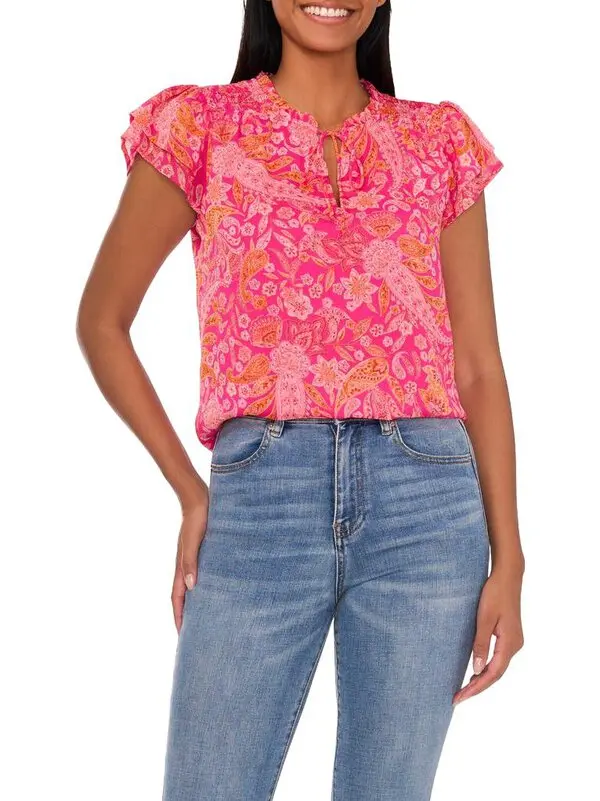 CECE DUPRAZ Print Smocked Shoulder Top - Bright Rose Pink