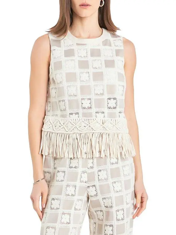 English Factory Crochet Lace Patchwork Tank - Beige Multi