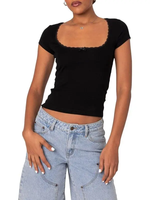 EDIKTED Priscilla Lace Trim Crop Top - Black