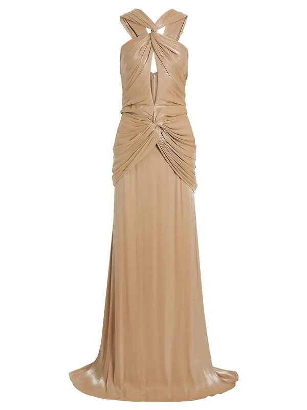 Costarellos Twisted Cutout Satin-jacquard Gown - Sand