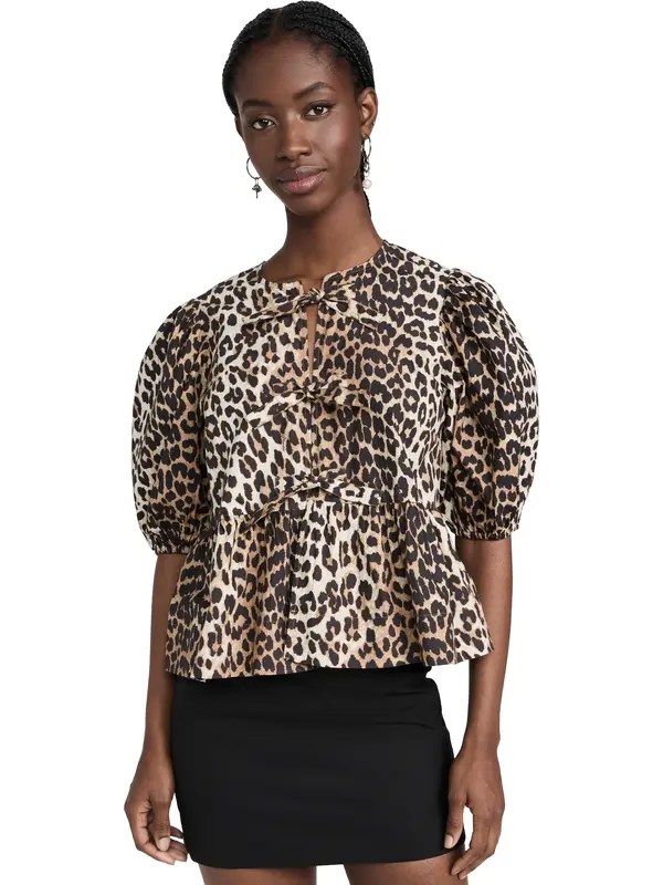 GANNI Printed Cotton Poplin Peplum Blouse - Leopard
