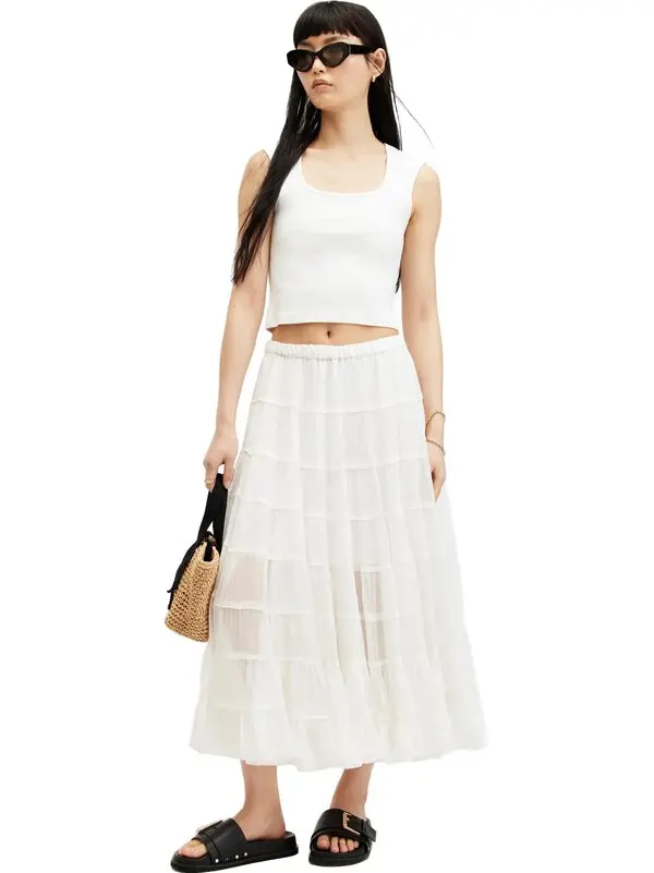 ALLSAINTS Eva Elasticated Waist Tiered Maxi Skirt - White