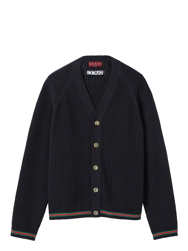 Gucci Ajour Cotton Knit Cardigan With Web - Blue