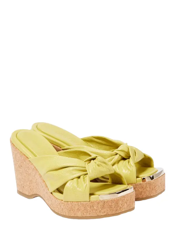 JIMMY CHOO Avenue Lizard-effect Leather Wedge Mules - Yellow