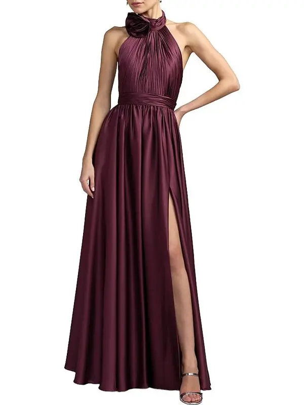 Mac Duggal Rosette Halter Chiffon Gown - Eggplant
