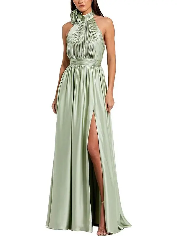 Mac Duggal Soft Tie Halter Neck High Slit Gown - Sage