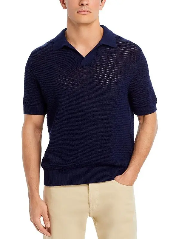 FRAME Mesh Short Sleeve Open Collar Polo Sweater - Navy