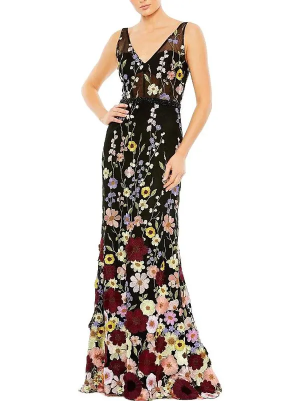 Mac Duggal Embroidered Tulle A-line Gown - Black Multi