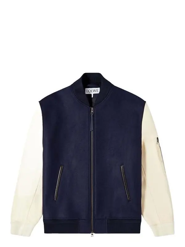 Loewe Leather Sleeve Bomber Jacket - Navy Blue/cream
