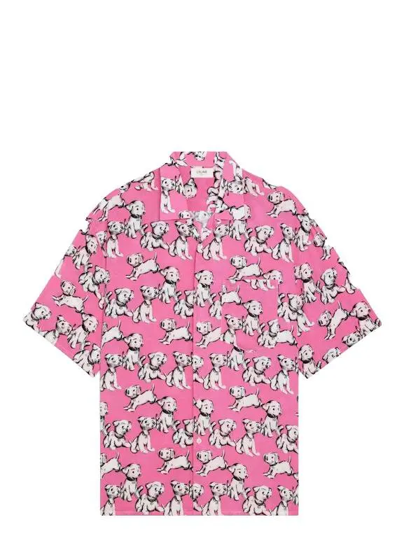 Celine Hawaiian Shirt In Viscose With Artist Print - Pink/noir/craie