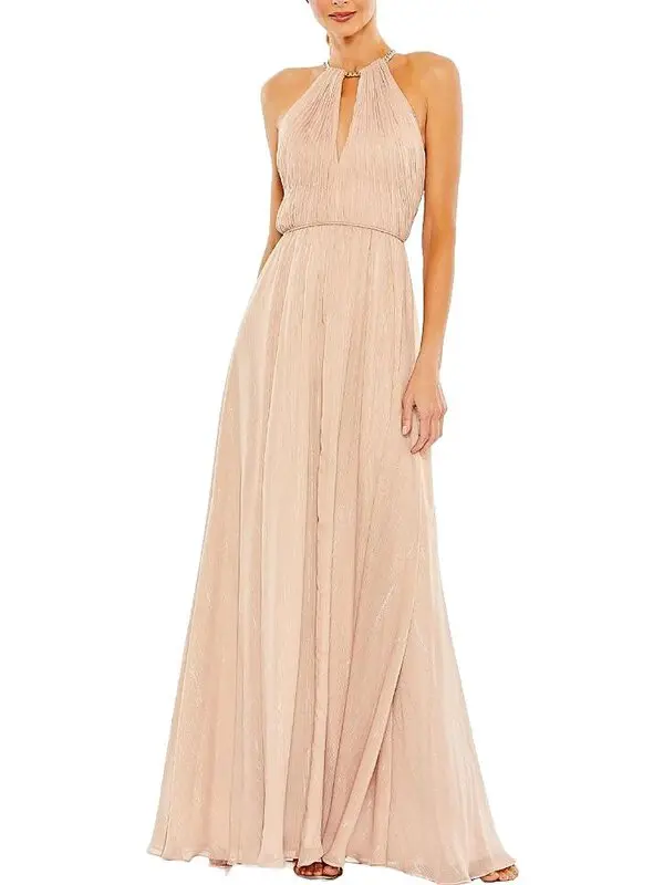 Mac Duggal Chain Trim Halter Neck Gown - Nude