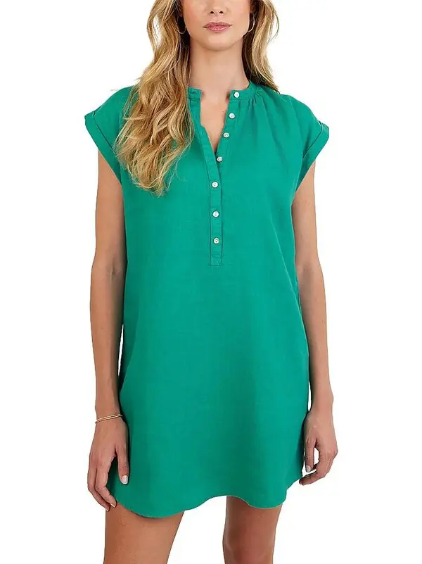 Bella Dahl Linen Cap Sleeve Henley Mini Dress - Aqua Green