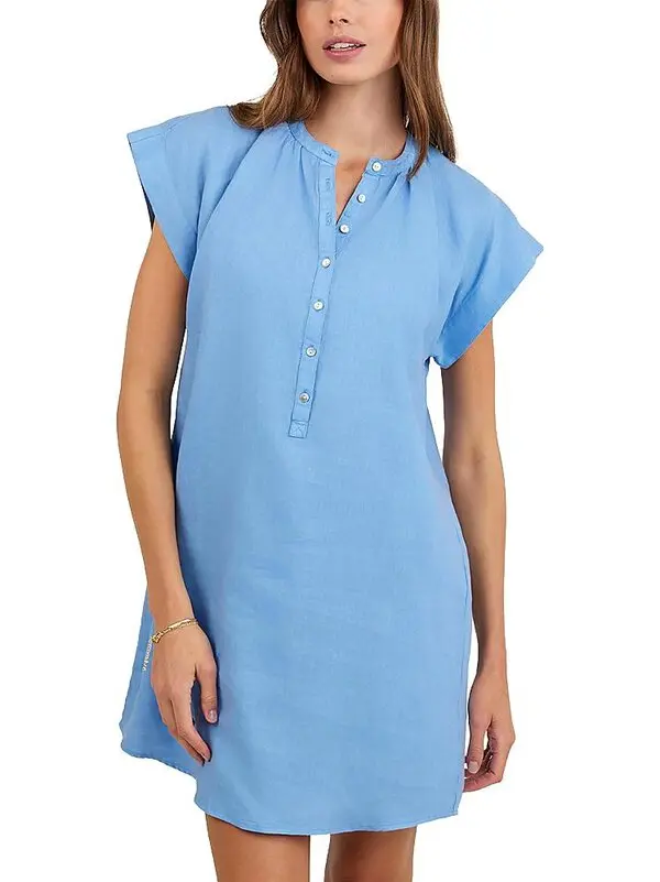 Bella Dahl Linen Cap Sleeve Henley Mini Dress - Tidal Blue