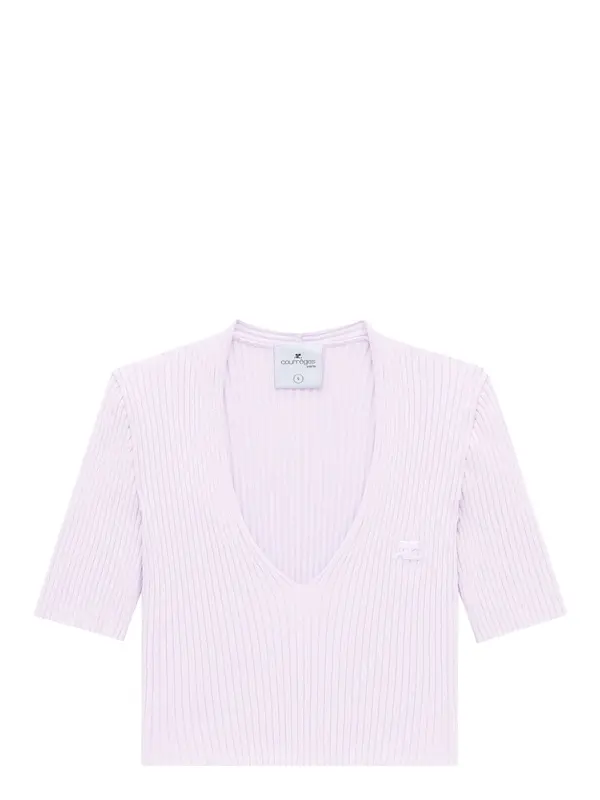 COURREGES Ribbed Knit V-neck Top - Pink