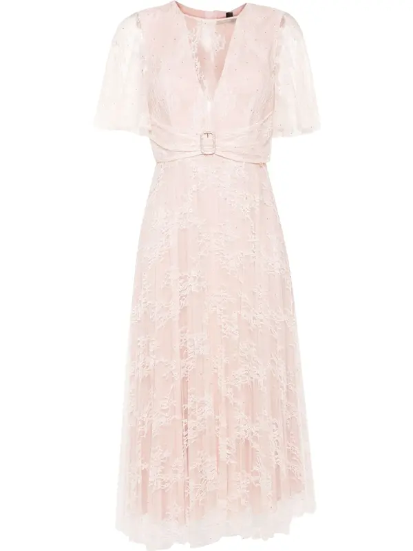NISSA Lace-overlay Pleated Midi Dress - Pink