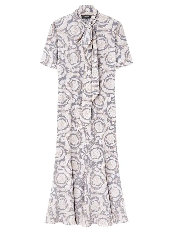Versace Barocco Lavallière Silk Midi Dress - Grey