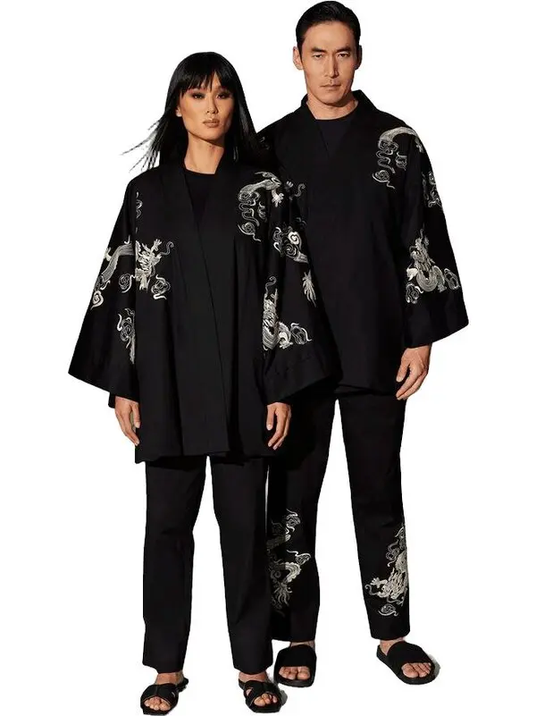 Natori Dragon Techno Poplin Embroidered Kimono - Black