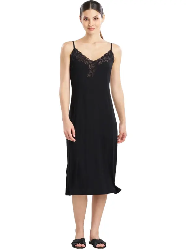 Natori Feathers Essentials Lenzing Ecovero Viscose Lace Slip Dress - Black