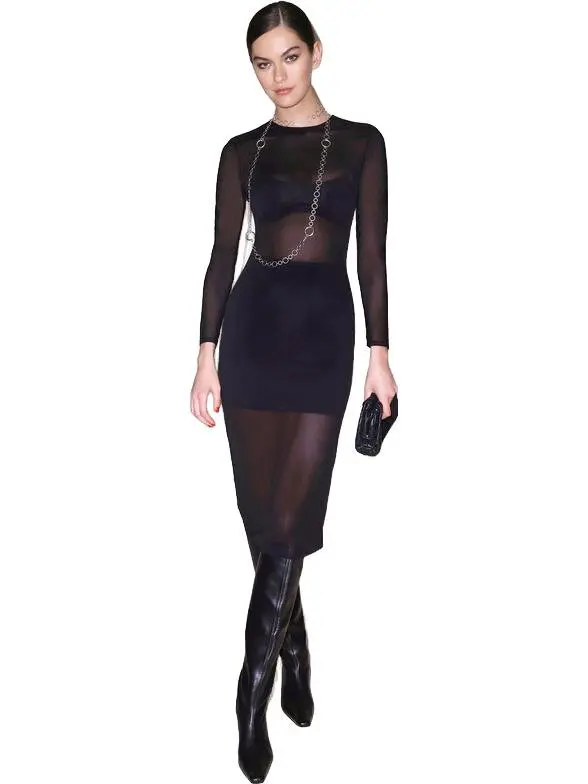 Fleur Du Mal Mesh Long Sleeve Midi Dress - Black