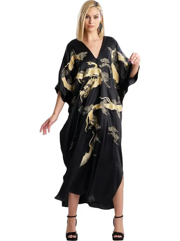 Natori Couture Lucky Dragon Embroidered Silk Caftan - Black