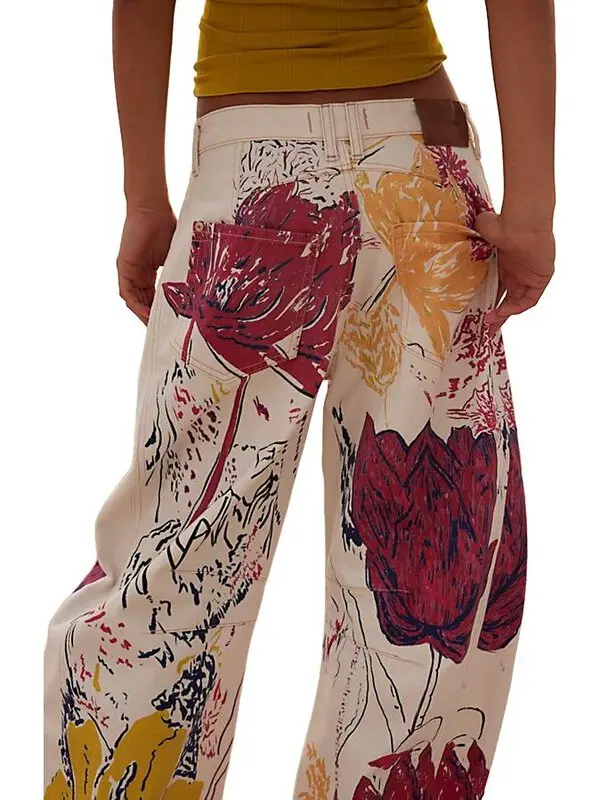 Free People We The Free Good Luck Printed Barrel Jeans - Tulips