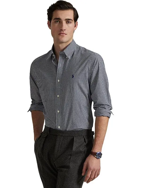 Polo Ralph Lauren Cotton Stretch Poplin Gingham Check Classic Fit Button Down Shirt - Dark Blue/white