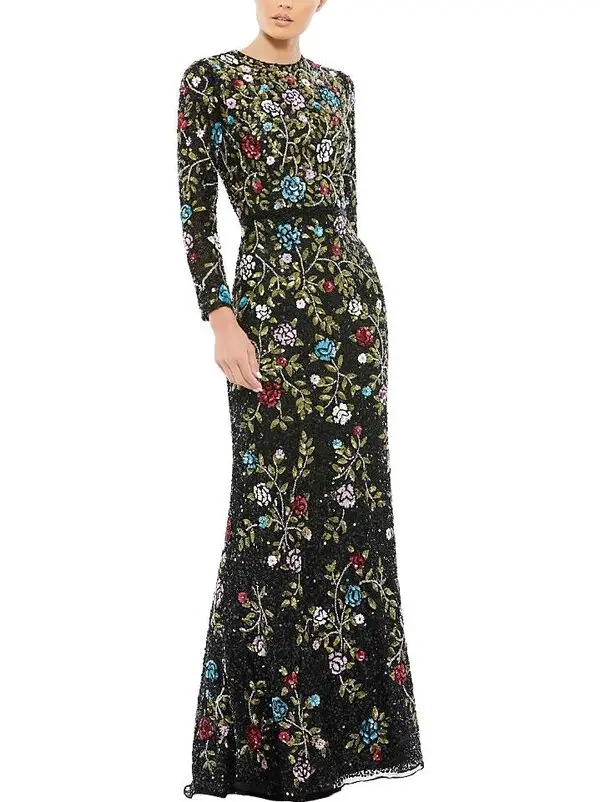 Mac Duggal Floral Sequin Long Sleeve Gown - Black Multi