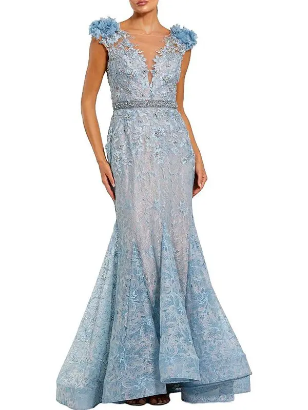 Mac Duggal Embroidered Illusion Appliqued Bodice Trumpet Gown - Powder Blue