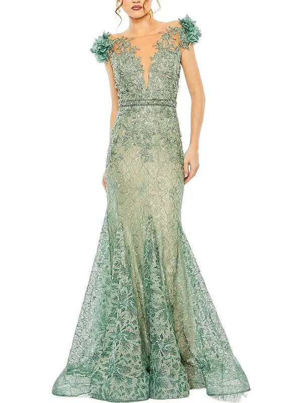 Mac Duggal Embroidered Illusion Appliqued Bodice Trumpet Gown - Sage