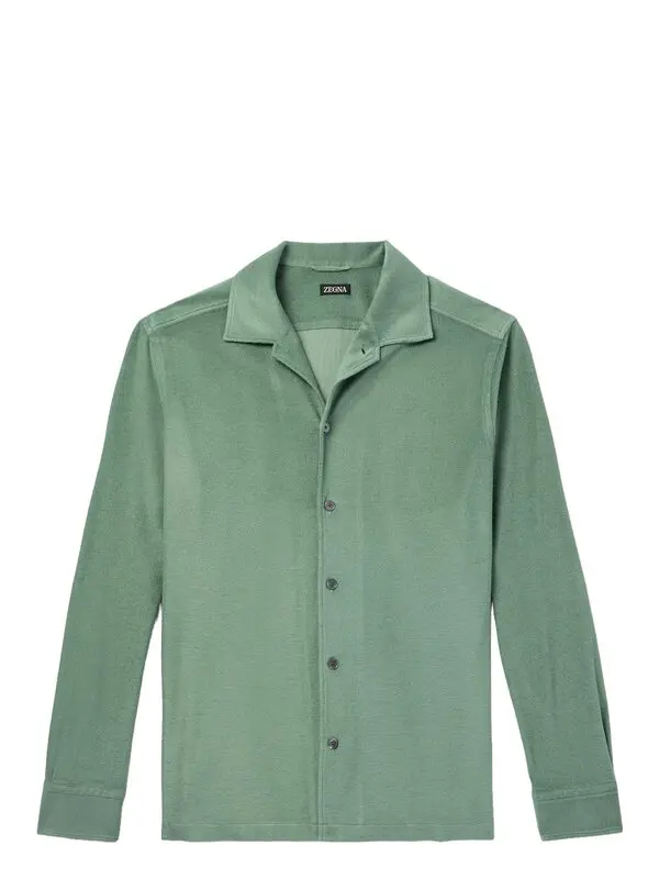 Zegna Camp-collar Cotton And Silk-blend Terry Shirt - Green