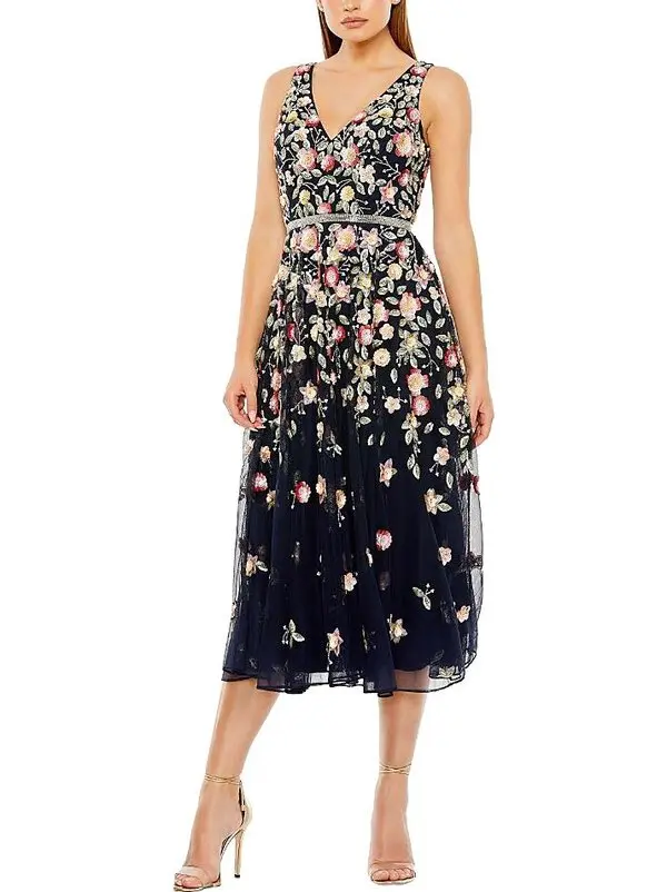 Mac Duggal Floral Embellished V-neck Midi Dress - Midnight Multi